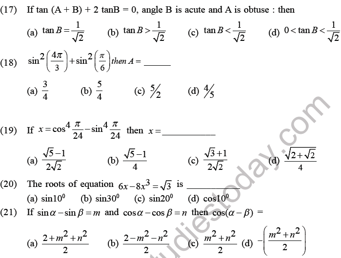 Jee Mathematics Trigonometric Functions Mcqs Set C With Answers